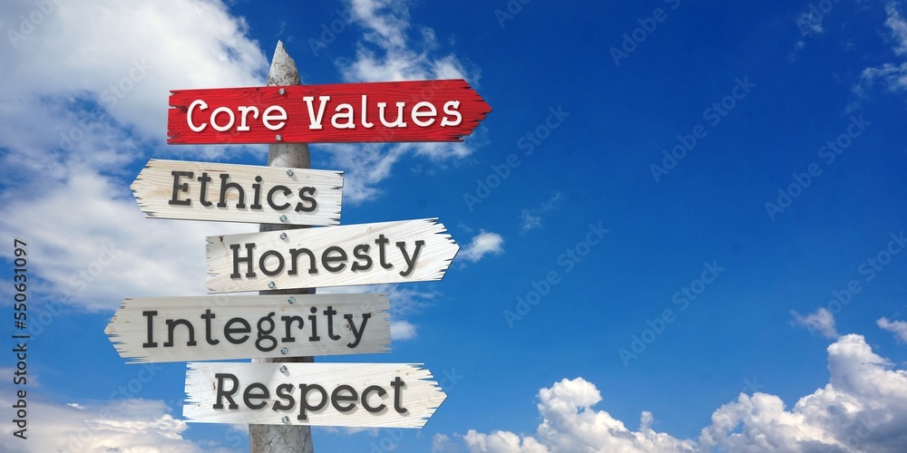 Core values concept - ethics, honesty, integrity, respect - wooden ...