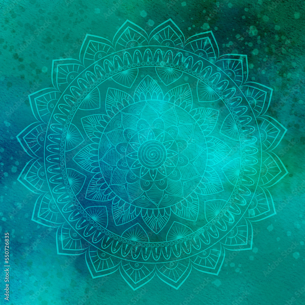Abstract blue and green watercolor background with mandala. Watercolor ...