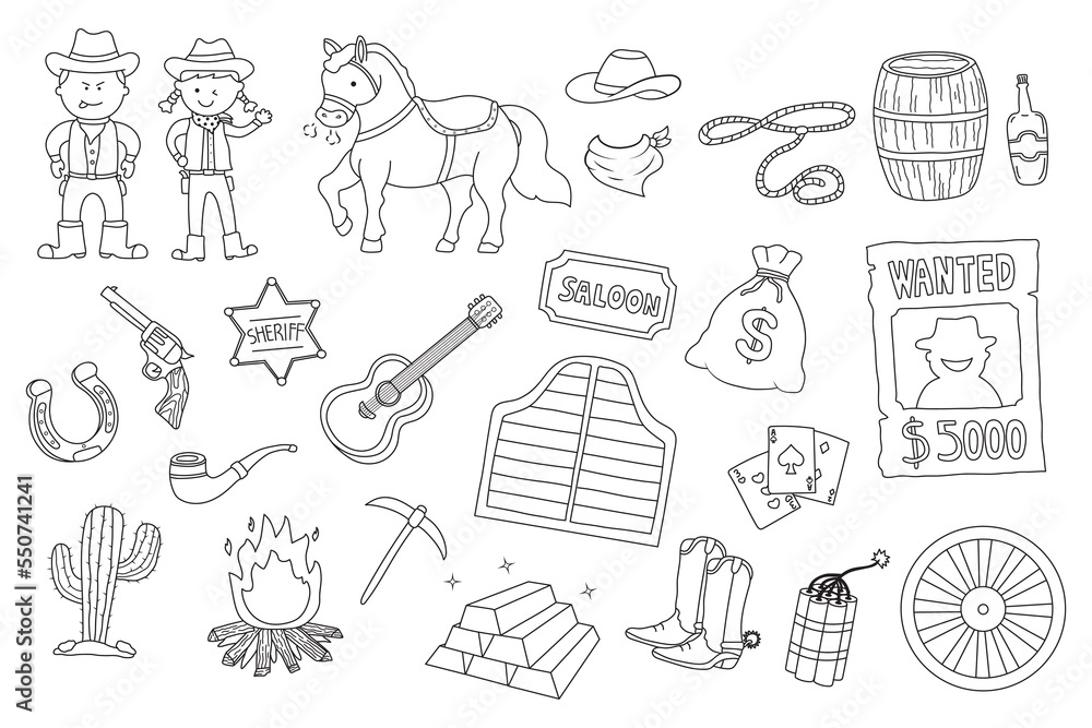 Hand drawn Vector illustration set of wild west elements including ...
