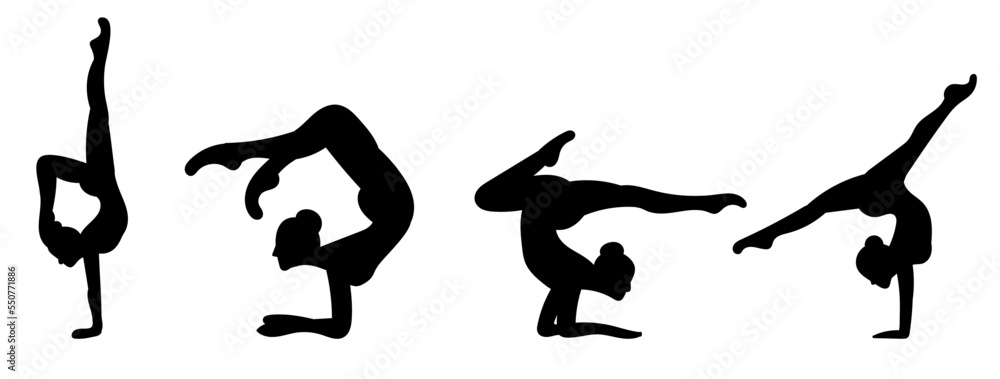 Set of acrobatic poses vector silhouettes of girls. Icons of woman in ...