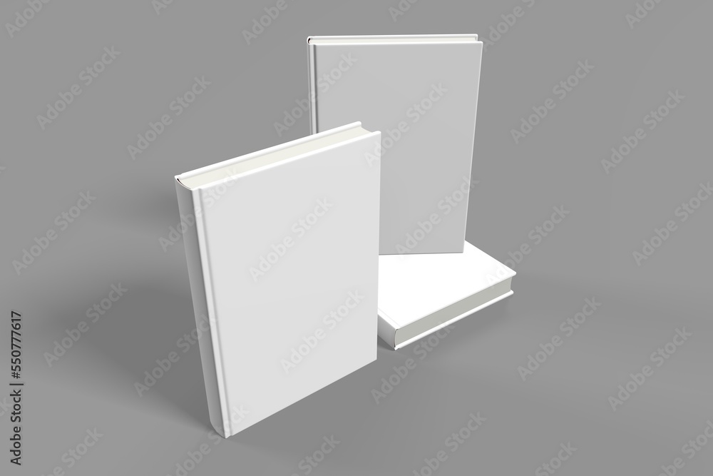 Realistic 3d book mockup illustration with 3 hard covers. Book mockup standing on isolated gray ...