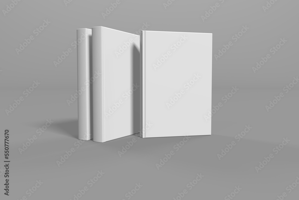 Realistic 3d book mockup illustration with 3 hard covers. Book mockup standing on isolated gray ...