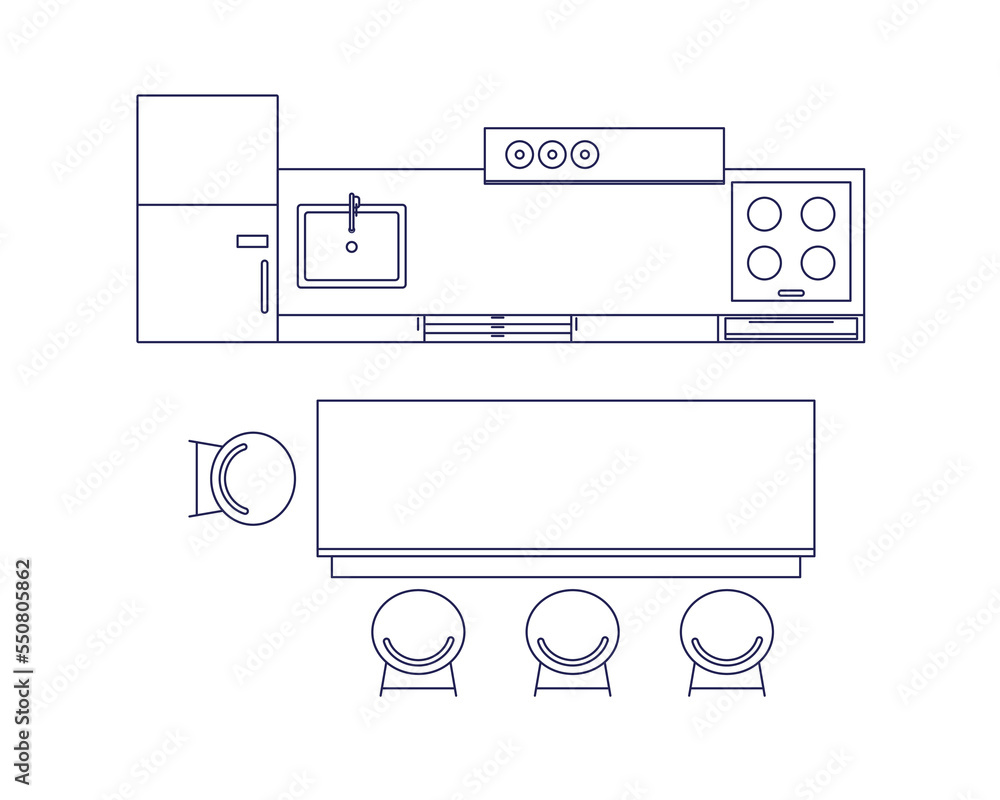 Kitchen set, dining table, chairs, top view. Home room for eating, cooking overhead. Interior ...