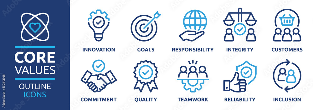 Core values icon set. Outline icon collection. Company ethical business ...