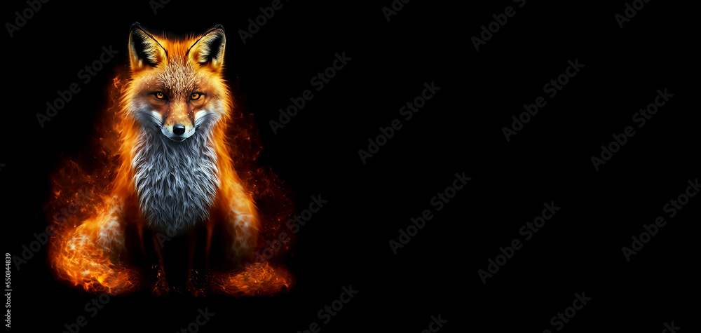 Magic fox in flames on black background. Fire kitsune on black ...