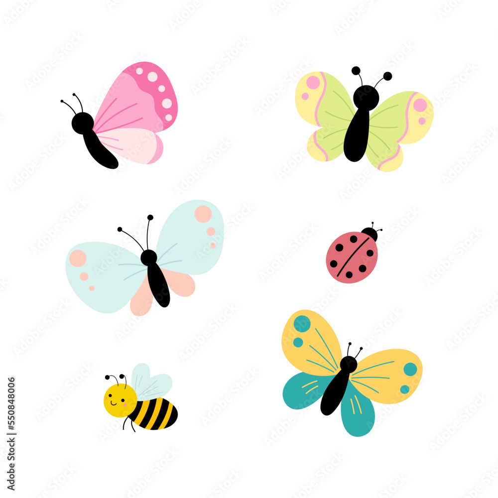 Insect set, cute cartoon butterflies, ladybug, bee. Kids collection ...