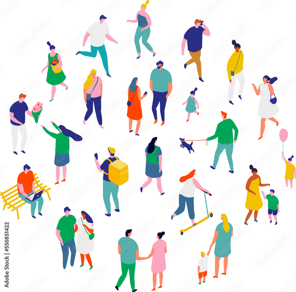 People crowd isometric people illustration. City life people walking ...