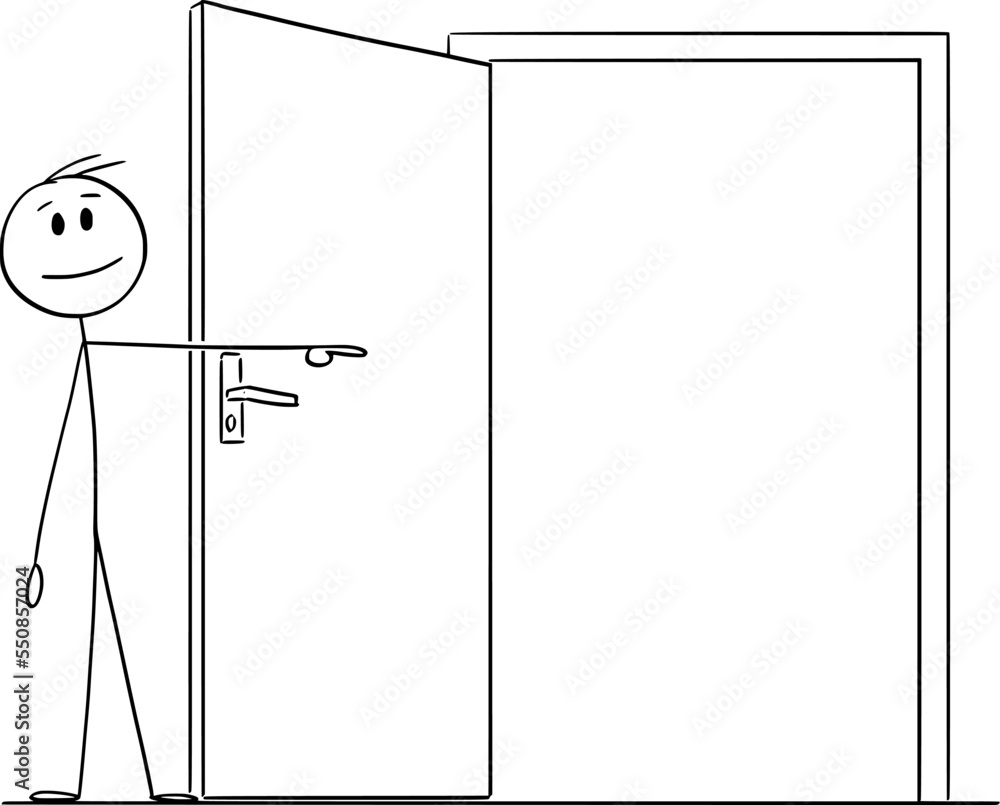 Person Inviting or Pointing at Open Door, Vector Cartoon Stick Figure ...