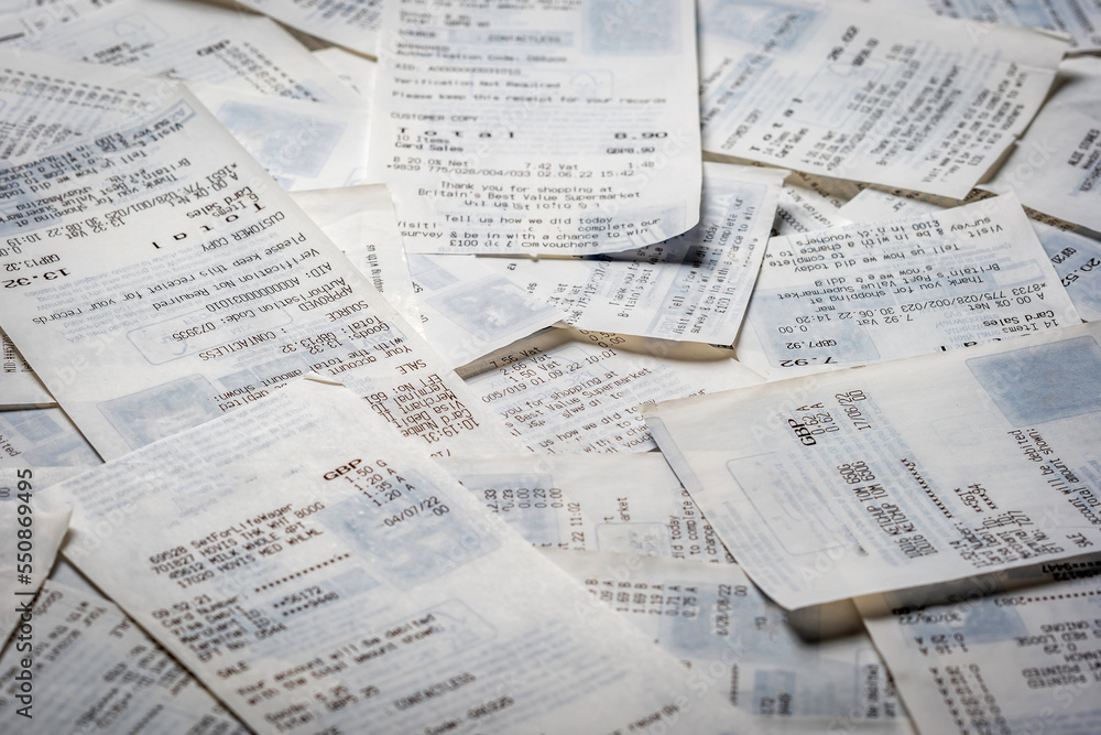 British shopping receipt stacks background in england uk Stock Photo ...