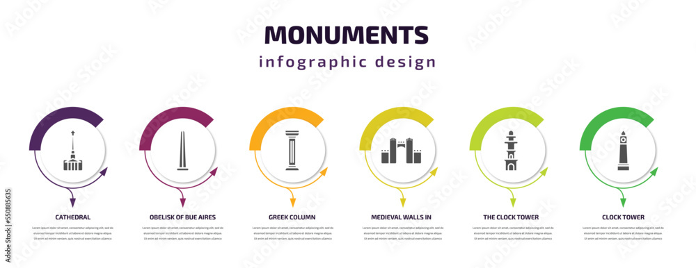 monuments infographic element with filled icons and 6 step or option ...