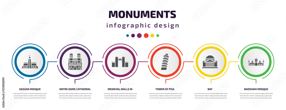 monuments infographic element with filled icons and 6 step or option ...