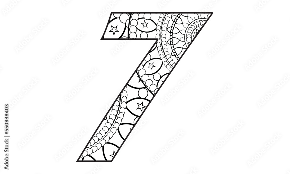 Zentangle stylized alphabet.Number 7 in doodle style. Hand drawn sketch ...