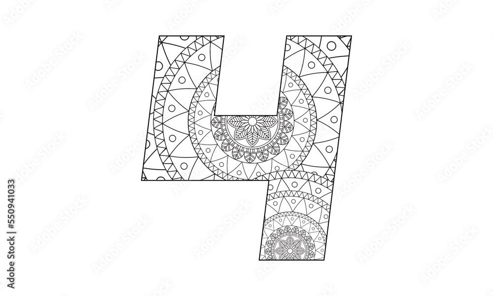 Zentangle stylized alphabet.Number 4 in doodle style. Hand drawn sketch ...