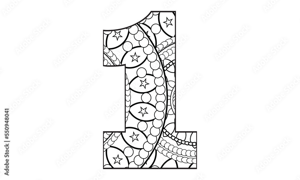 Zentangle stylized alphabet.Number 1 in doodle style. Hand drawn sketch ...
