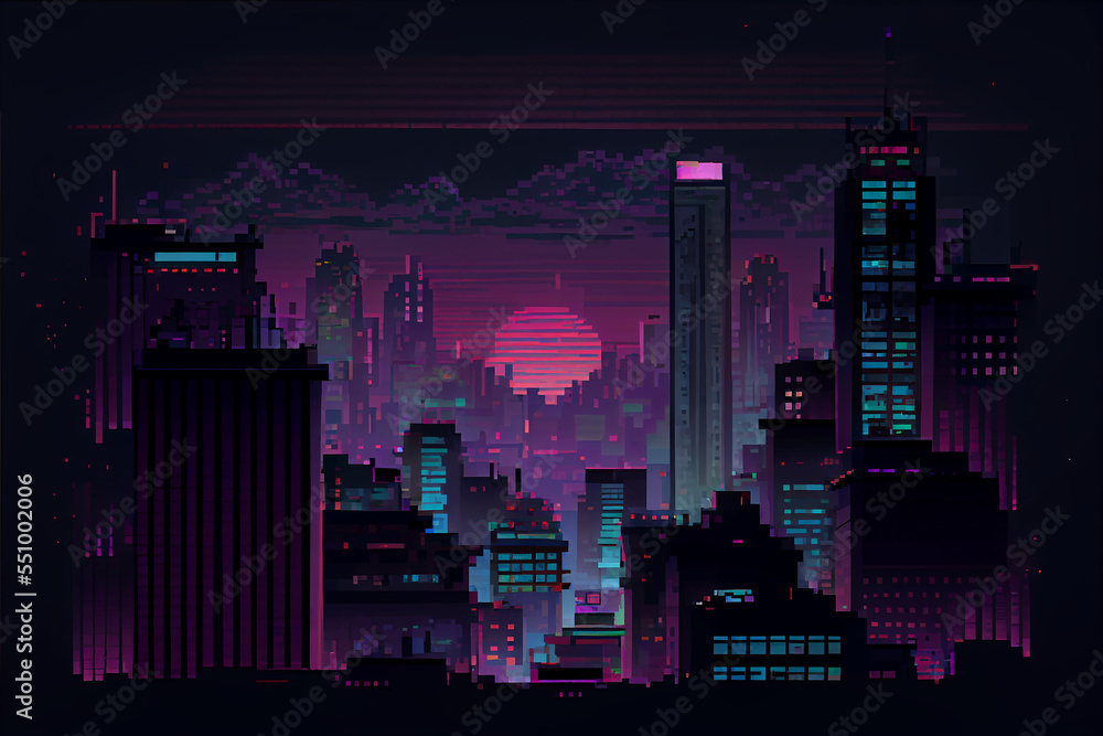 Pixel art of a cyberpunk city at night, 8 bit art Stock Illustration | Adobe Stock