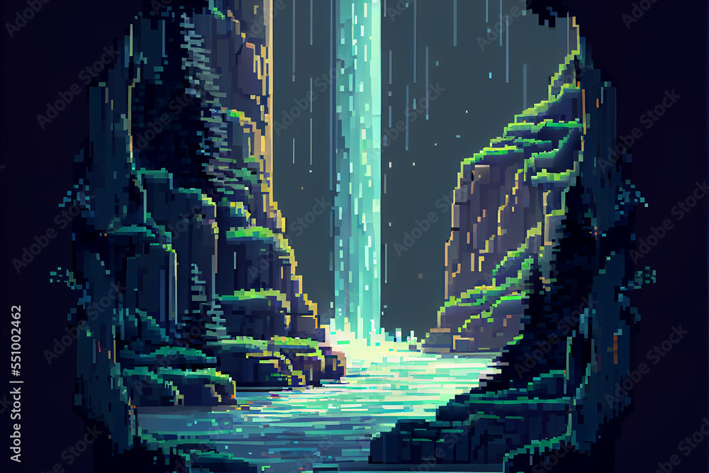 8 Bit Pixel Art forest waterfall Stock Illustration | Adobe Stock
