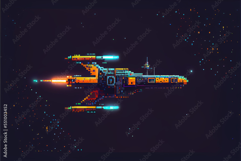 ภาพประกอบ Stock 8 bit pixel art of a spaceship in deep space | Adobe Stock