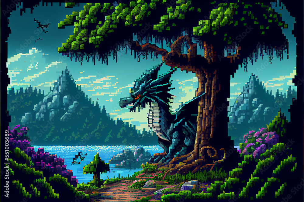 Pixel 8 bit art dragon landscape Stock Illustration | Adobe Stock