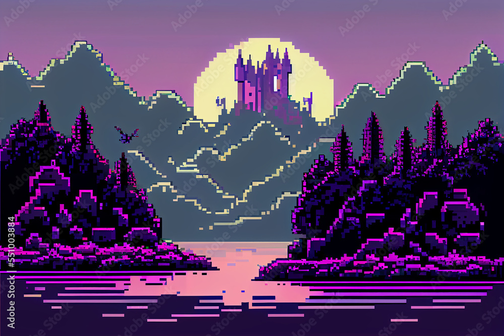 8 bit pixel art fantasy landscape Stock Illustration | Adobe Stock