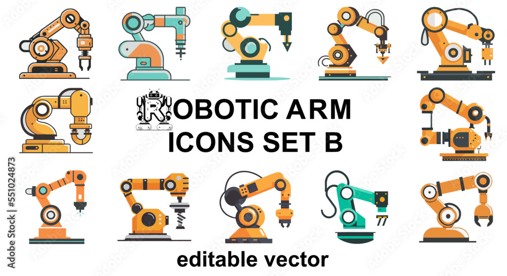Robot arm icons set, futuristic manufacturing style, linear icons of ...