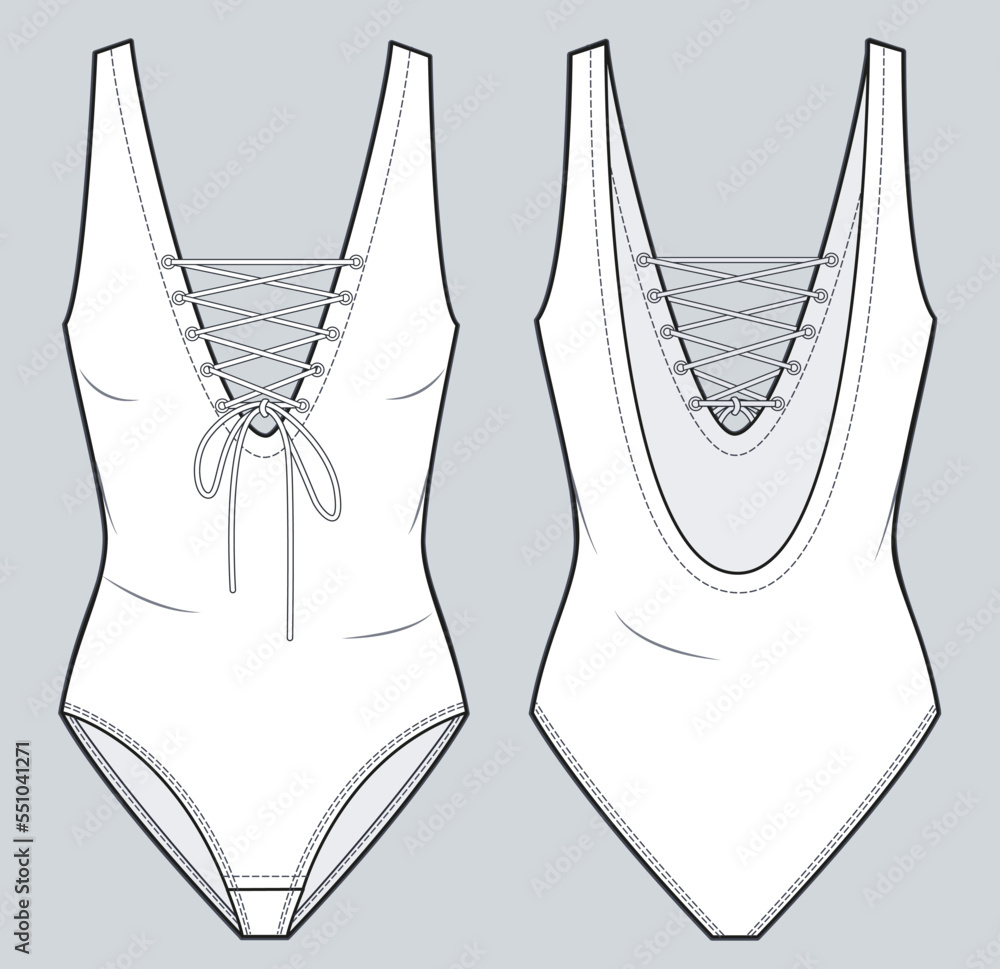 Lace-up Swimsuit technical fashion illustration. One-Piece Swimsuit ...