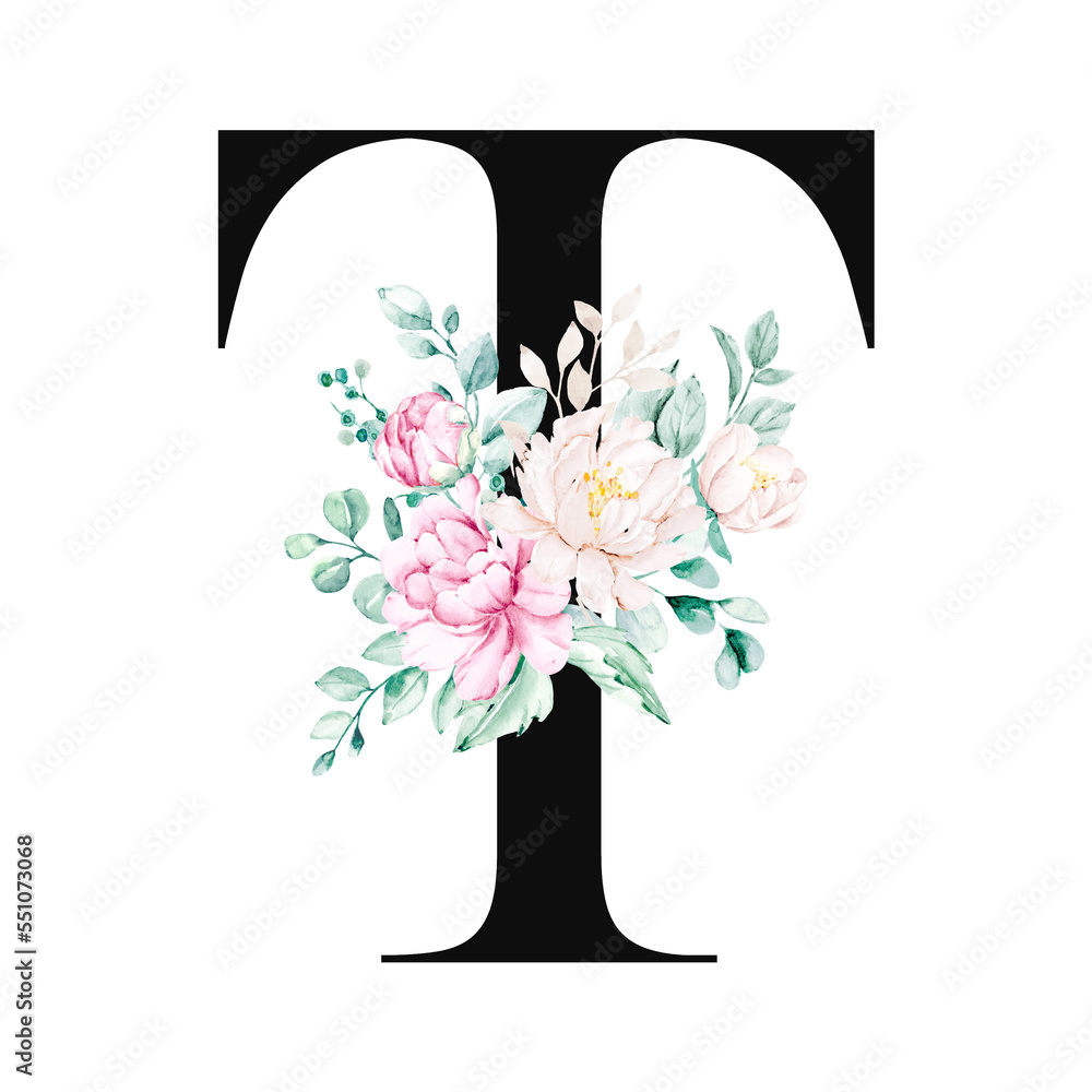 Floral alphabet, letter T with watercolor flowers and leaf. Monogram ...