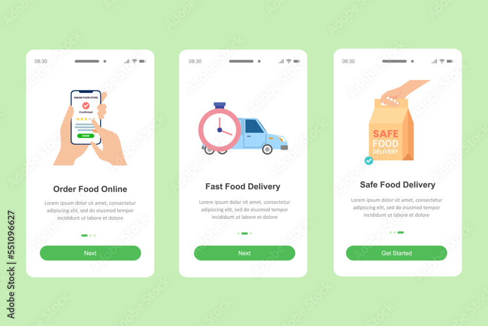 Vector illustration of onboarding screens for online food delivery app ...