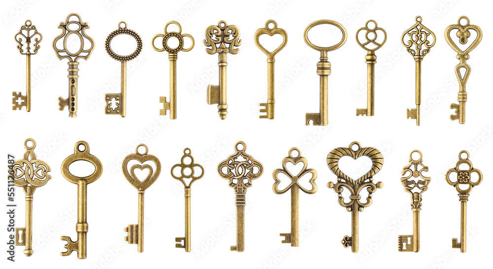 Set of vintage golden skeleton keys isolated Stock Photo | Adobe Stock