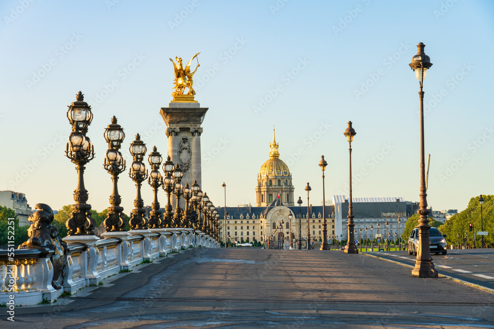 Dome of Les Invalides seen across Pont Alexandre III bridge in Paris ...