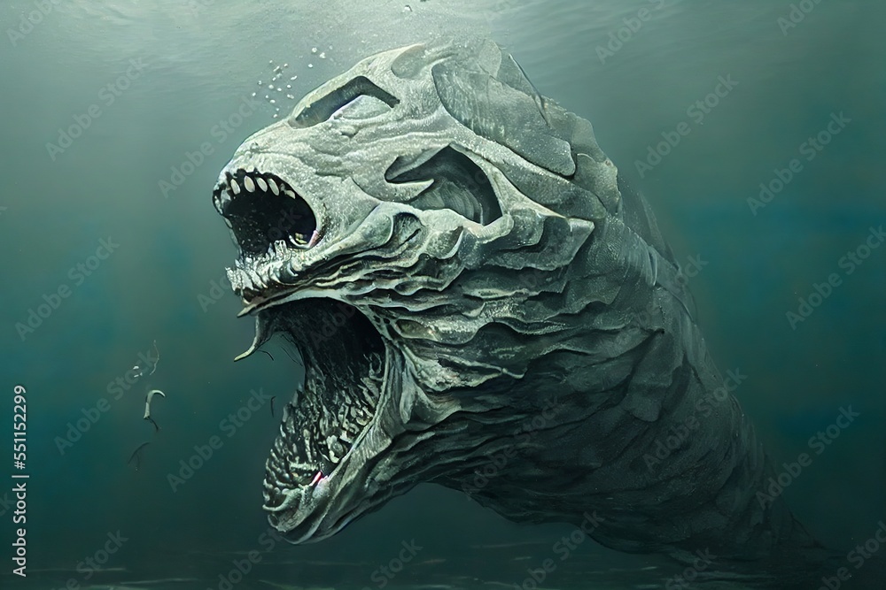 Giant deep sea monster with multiple mouths in the ocean Stock ...