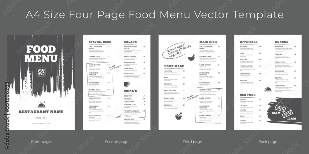 Restaurant cafe menu, template design, A4 size four page food menu vector template Stock Vector ...