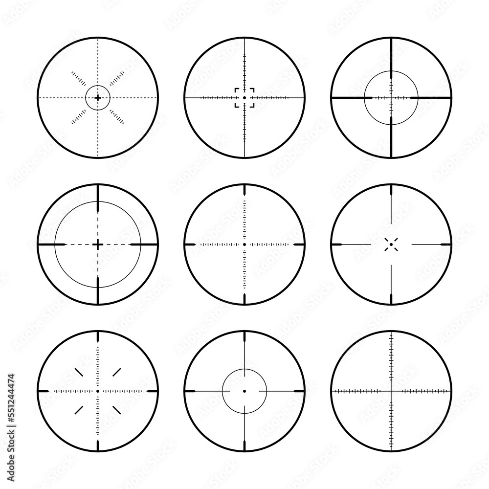 Various sniper rifle sights, weapon optical scope crosshair. Hunting gun viewfinder. Shooting ...