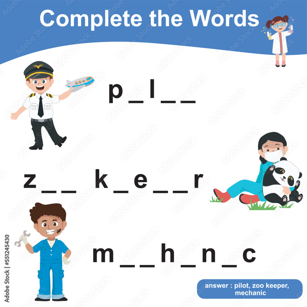 Stock-Vektorgrafik „Fill in the missing letters with kids professions ...