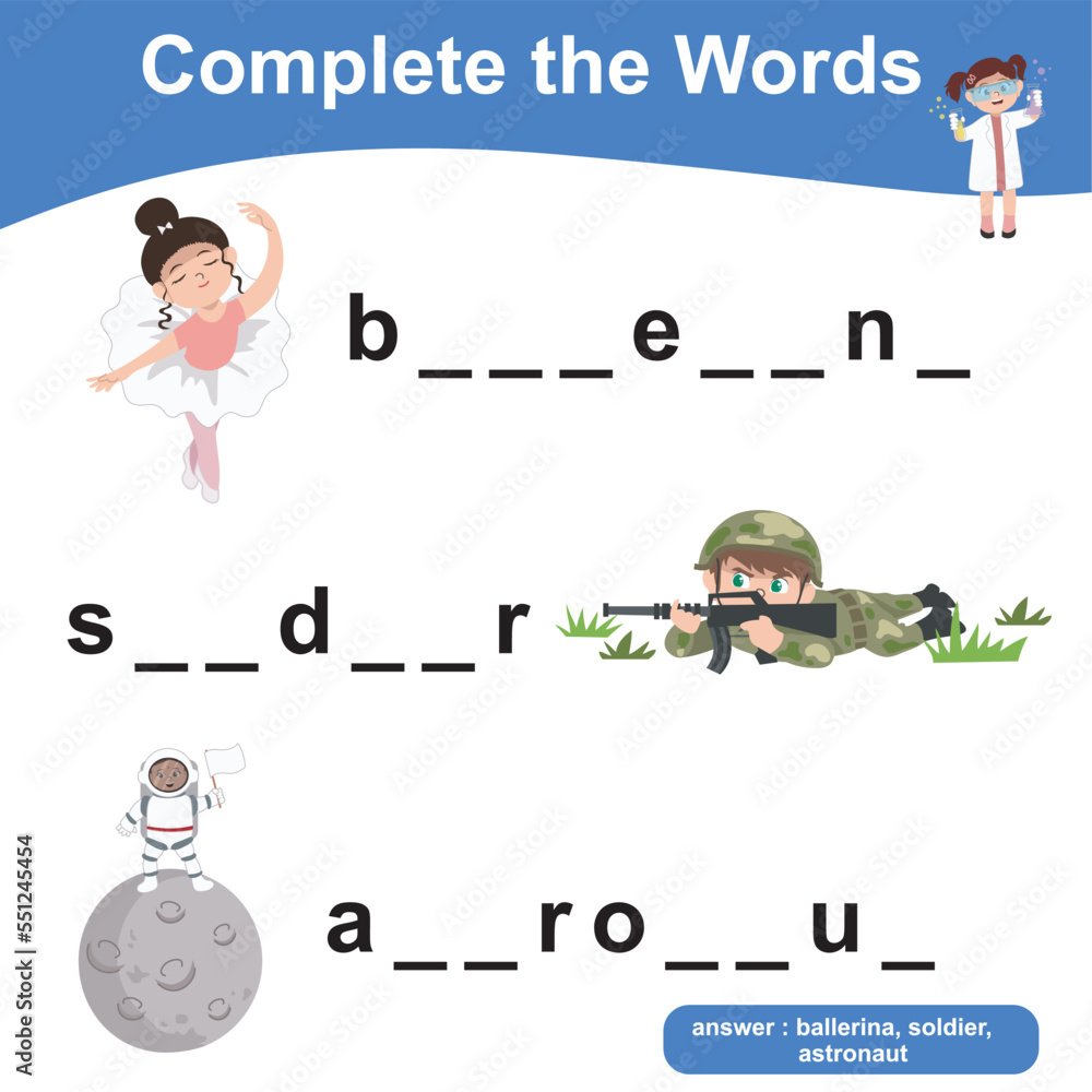 Fill in the missing letters with kids professions theme. Complete the ...
