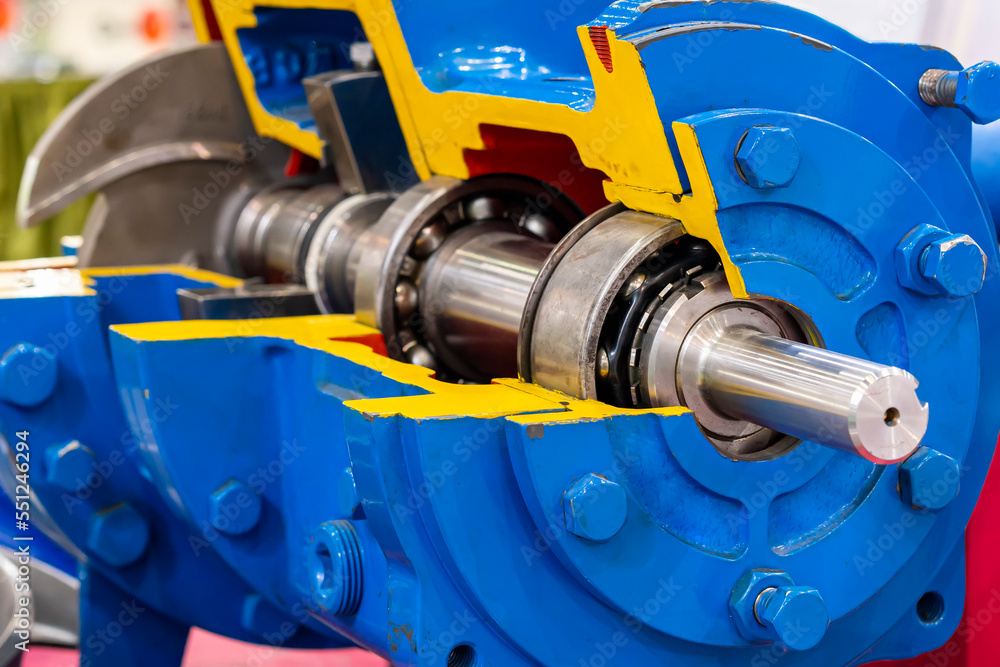 Close up cross section present detail component inside centrifugal pump ...