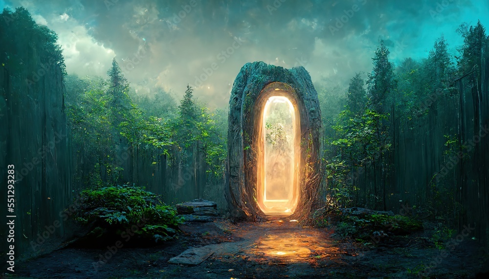 Ilustrace Raster illustration of a portal in the clearing in the forest ...