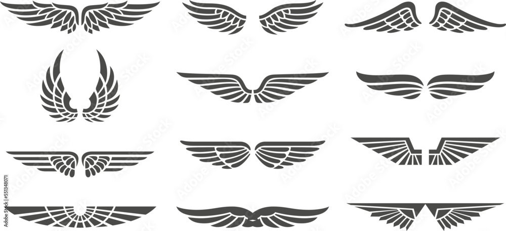Wing badges. Eagle wings set, retro insignias, winged signs for ...