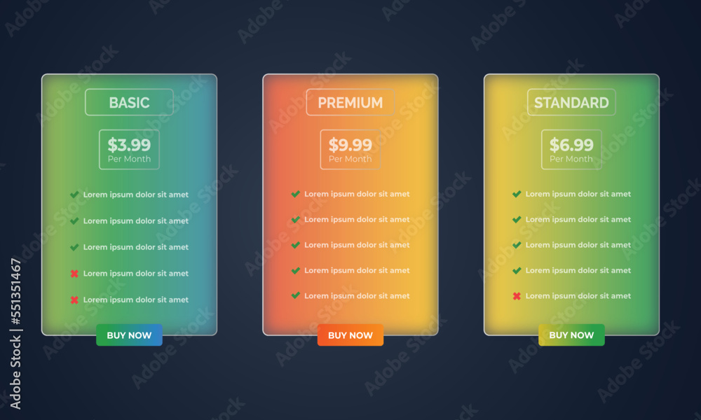 Modern glass morphism web pricing table comparison infographic chart ui ...
