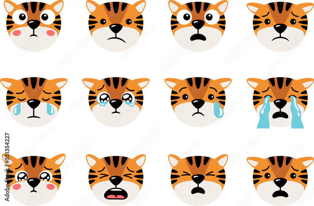 Sad crying tigers heads with emoticons, cartoon characters, mascots ...