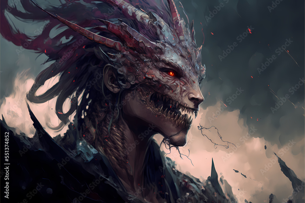 Portrait of a dragon person man, red blood angry fantasy dragon human ...