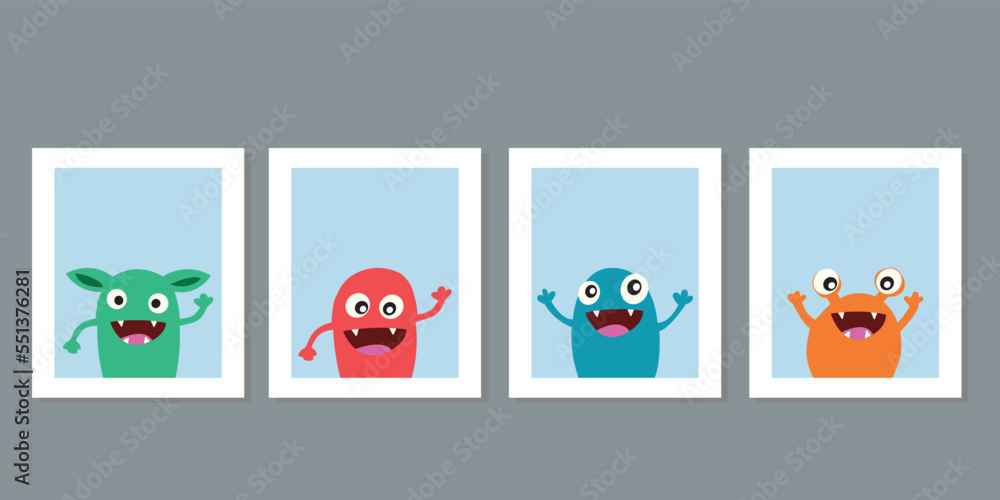 Kids wall art minimalist decor. Four frame vector cute colorful monster ...