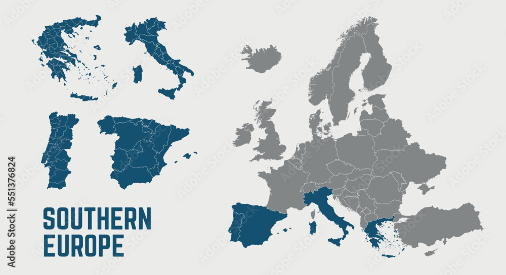 Southern Europe map. Greece, Spain, Portugal, Italy maps with regions ...