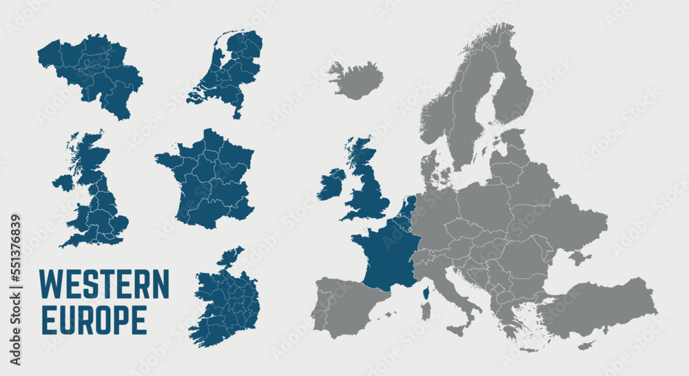 Western Europe map. United Kingdom, France, Poland, Ireland, Denmark ...