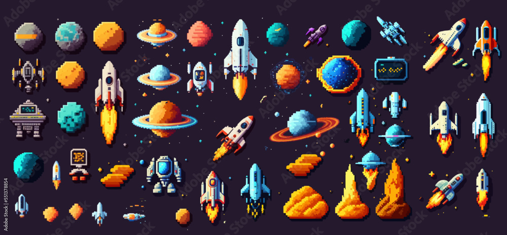 Space game asset 8 bit pixel art. Galaxy planets, rockets. Vector illustration Stock Vector ...