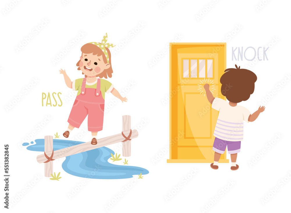 Little Boy and Girl Passing Across Stream and Knocking Door ...
