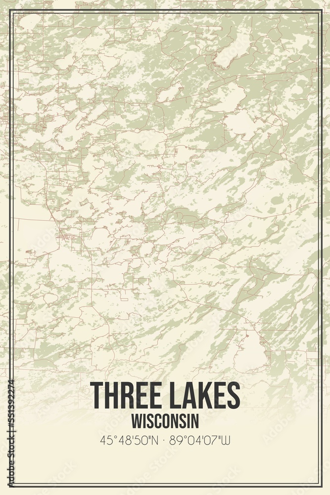 Retro US city map of Three Lakes, Wisconsin. Vintage street map. Stock ...