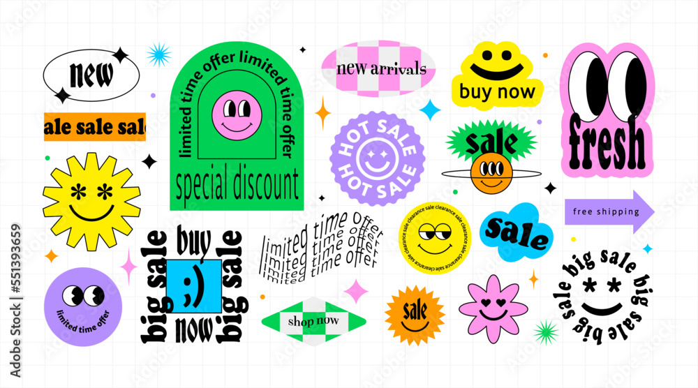 Colorful happy face business sale sticker collection. Set of trendy ...