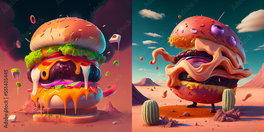Burger illustration , surreal food, art of burger, cosmic composition ...