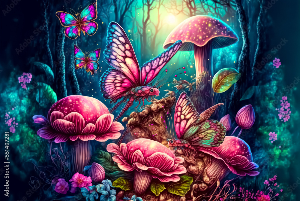 Magical fantasy mushrooms in enchanted fairy tale dreamy elf forest with fabulous fairytale ...