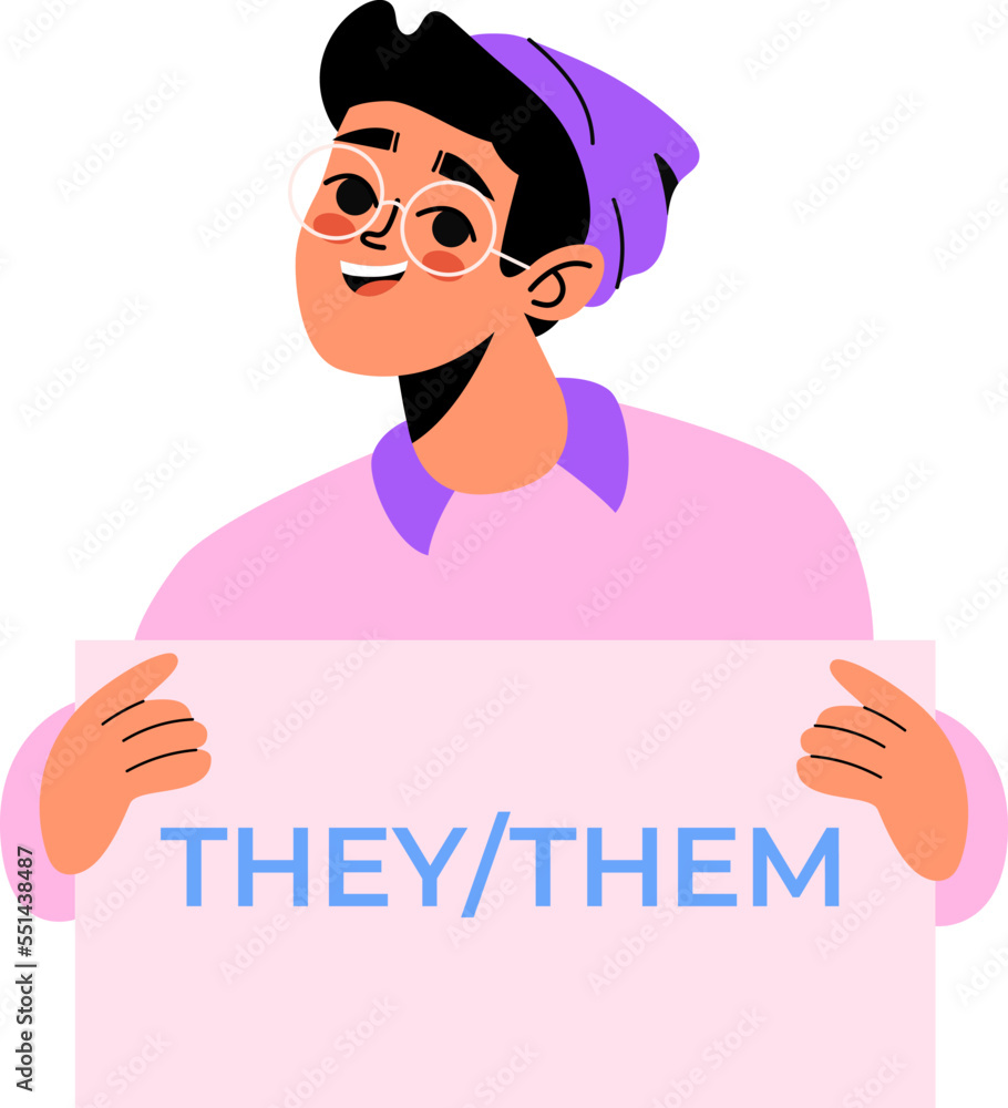 Stockvector Gender identity pronouns.Young person holding signs with ...